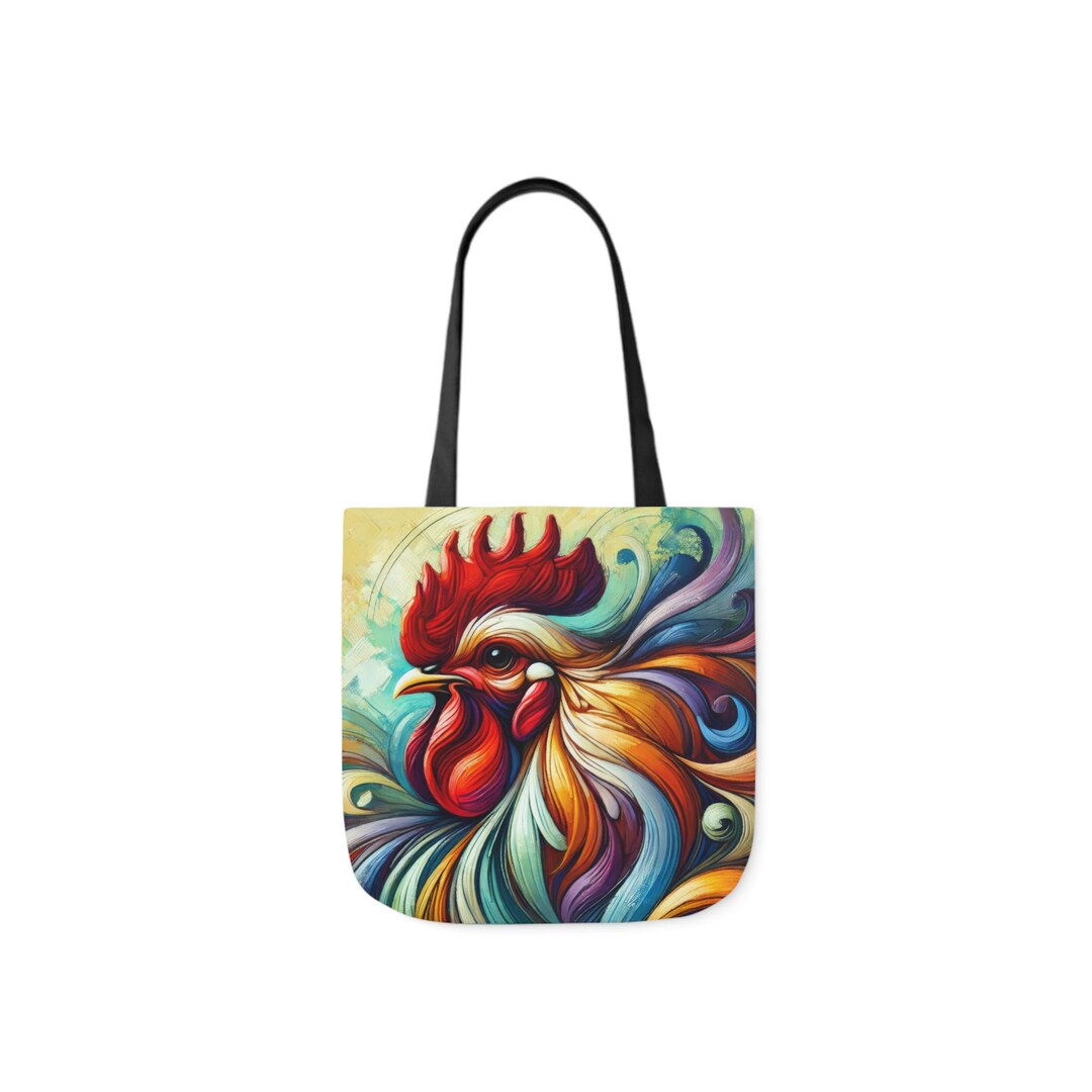 Rooster Canvas Tote Bag, Colorful Chicken Design, 5-color Straps ...