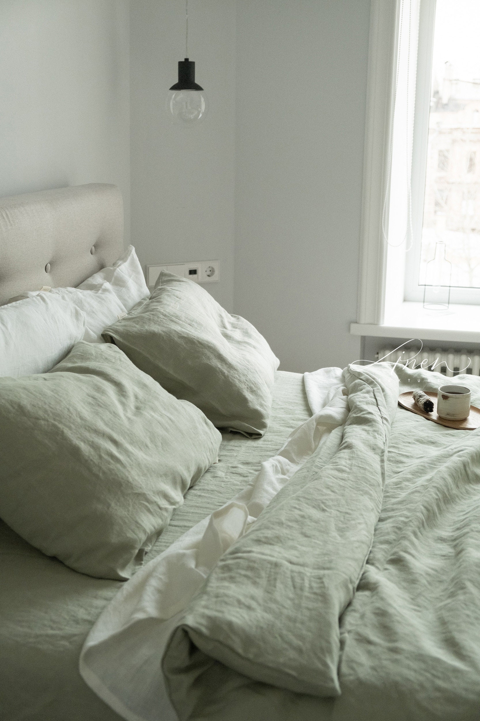3 Piece Linen Bedding Set In Sage Green Linen Duvet Cover Etsy