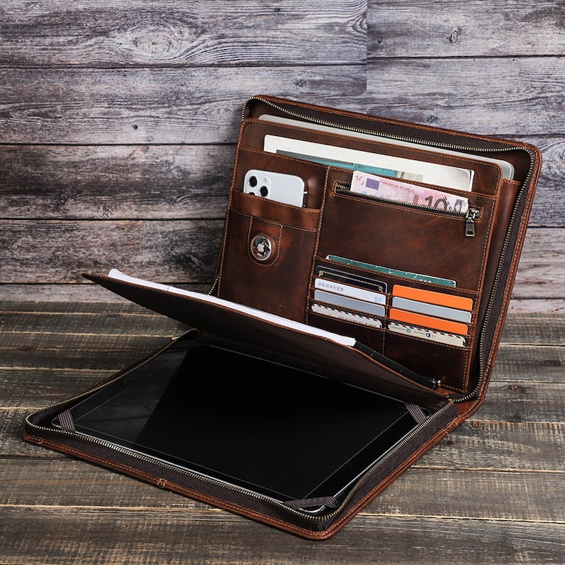 Full Grain Leather Portfolio Zipper Men's, Leather Padfolio for Men ...