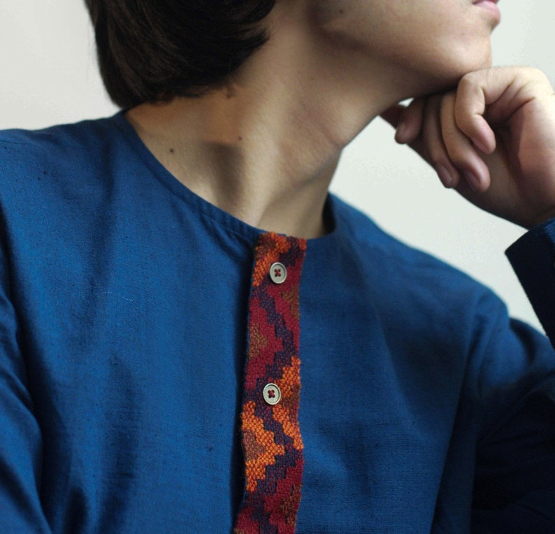 Indigo Khadi Shirt With Handwoven Woolen Border / Handloom - Etsy