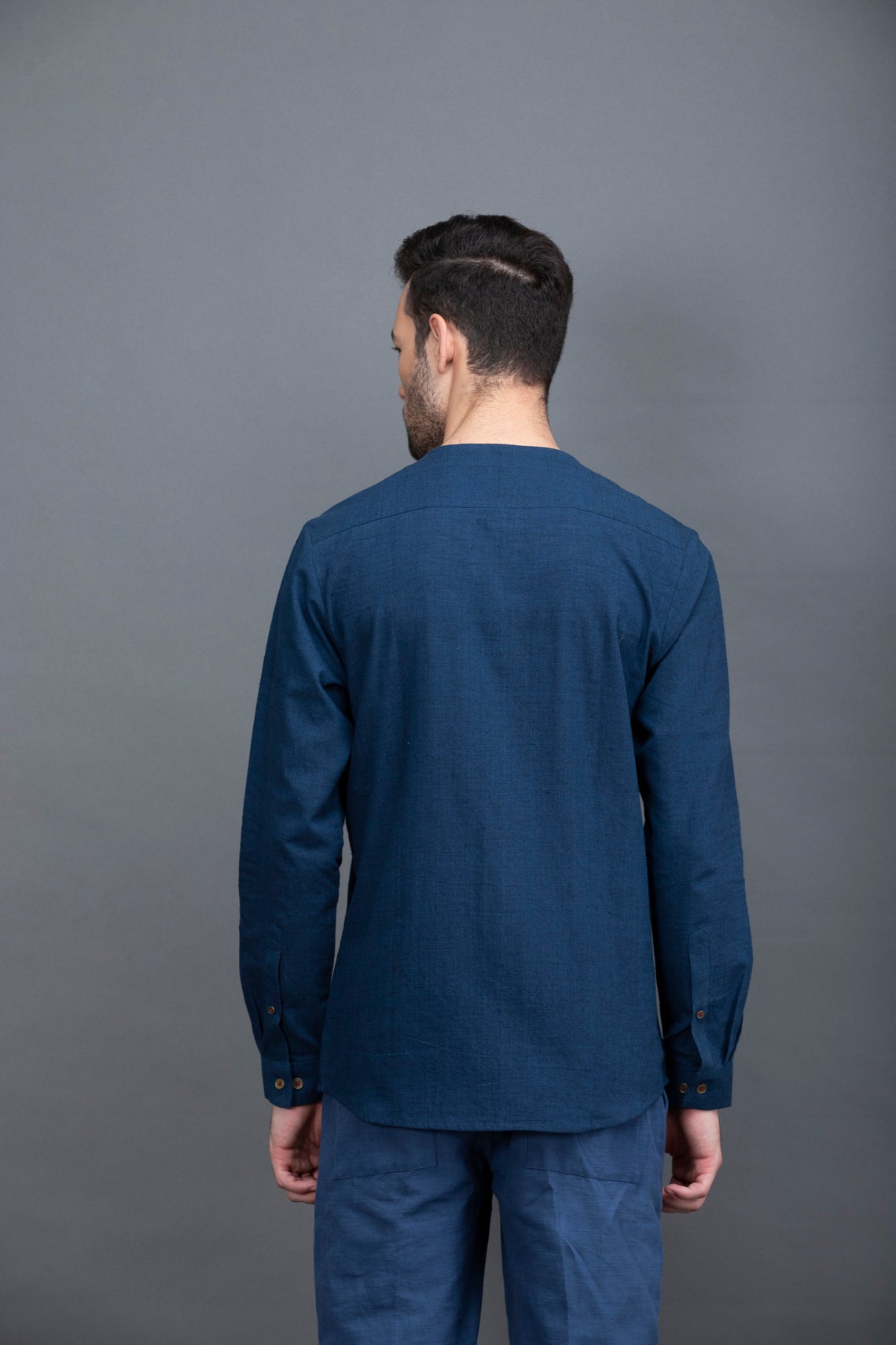 Indigo Khadi Shirt With Handwoven Woolen Border / Handloom | Etsy