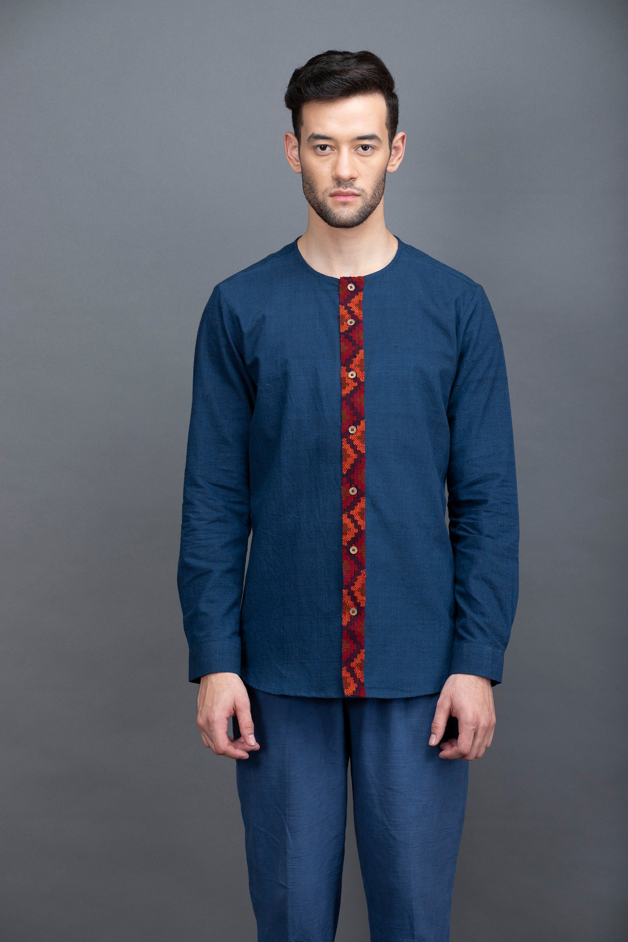 Indigo Khadi Shirt With Handwoven Woolen Border / Handloom | Etsy