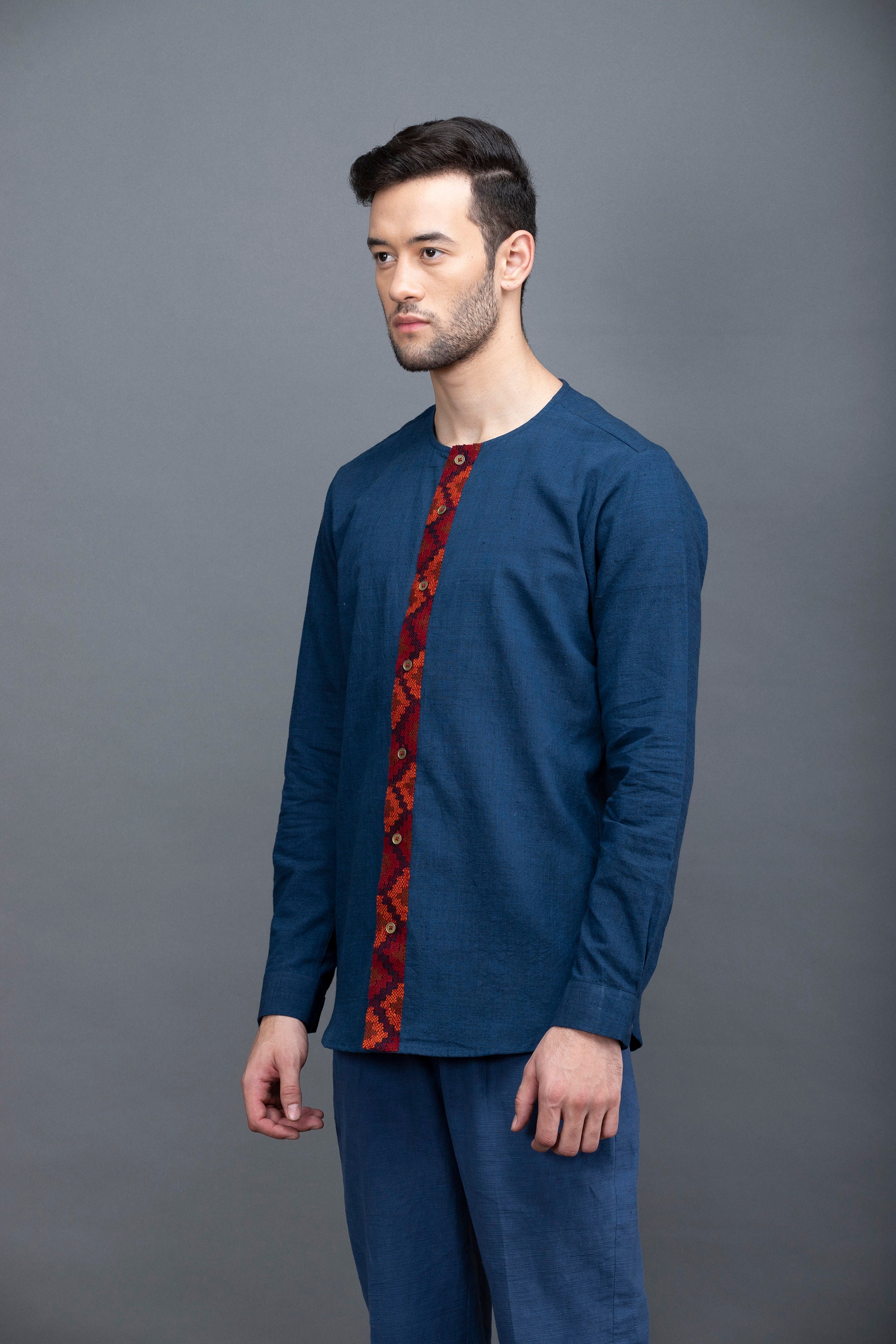 Indigo Khadi Shirt With Handwoven Woolen Border / Handloom | Etsy