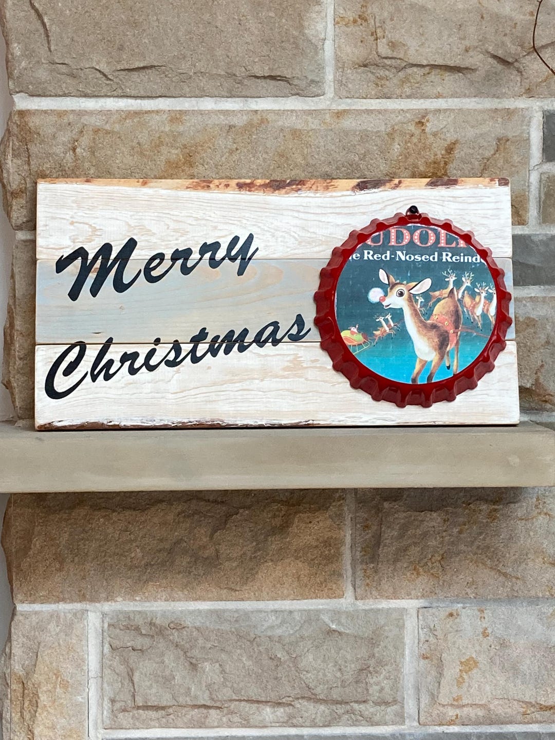 Rudolph Bottle Cap Sign. Wood With Metal Decorative Bottle Cap ...