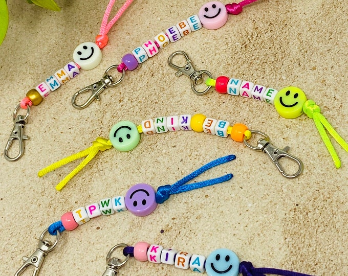 Custom Beaded Name Keychain, Smiley Face Key Chain, Custom Name ...