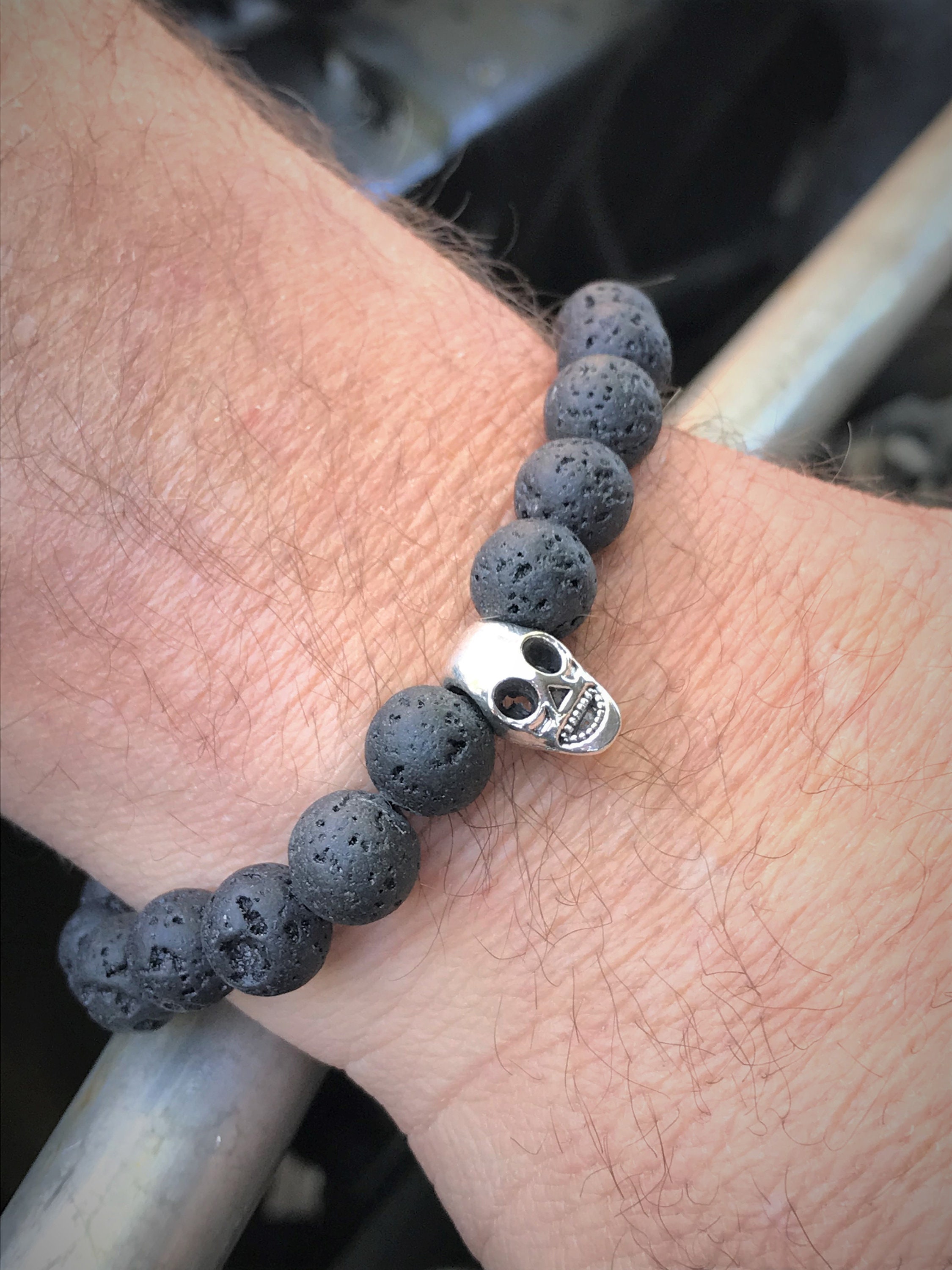 Men's Lava Bracelet, Lava Bead Diffuser Bracelet, Skull Bracelet, Oil ...