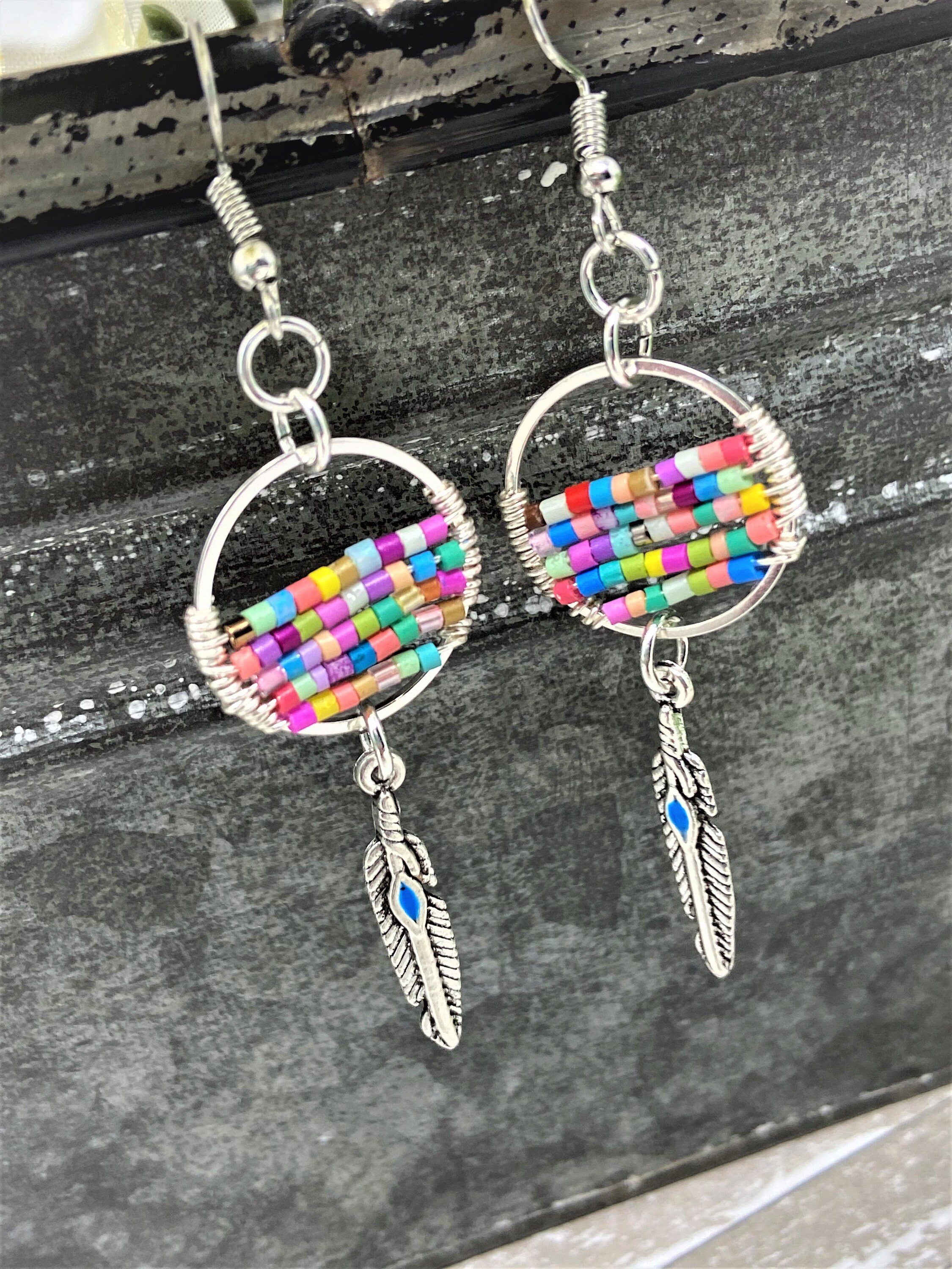 Native American Style Beaded Dream Catcher Earrings Hoop Earrings