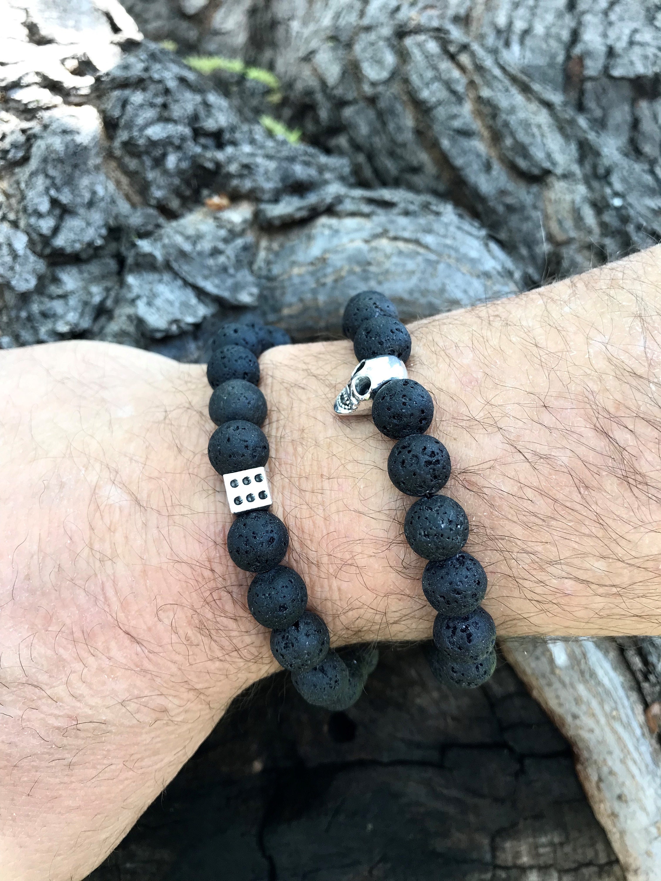 Men's Lava Bracelet, Lava Bead Diffuser Bracelet, Skull Bracelet, Oil ...