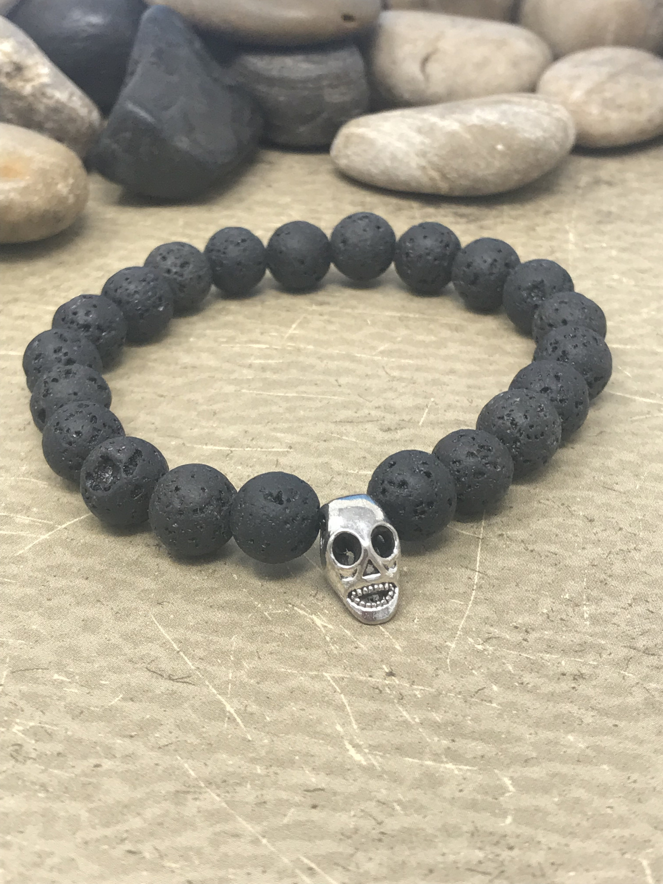Men's Lava Bracelet, Lava Bead Diffuser Bracelet, Skull Bracelet, Oil ...