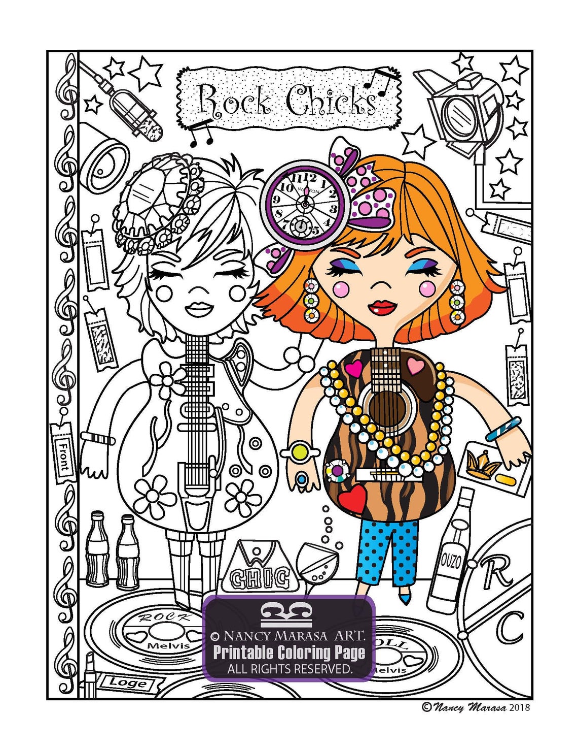 Guitar Girls Coloring Book Page - Rock Chick Duo (coloring Pages for ...