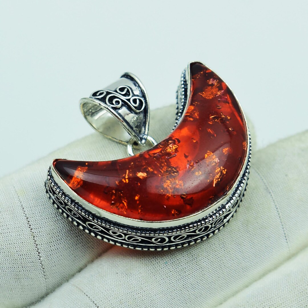 Baltic Amber Crescent Moon Pendant: Sterling Silver Bohemain Jewelry ...