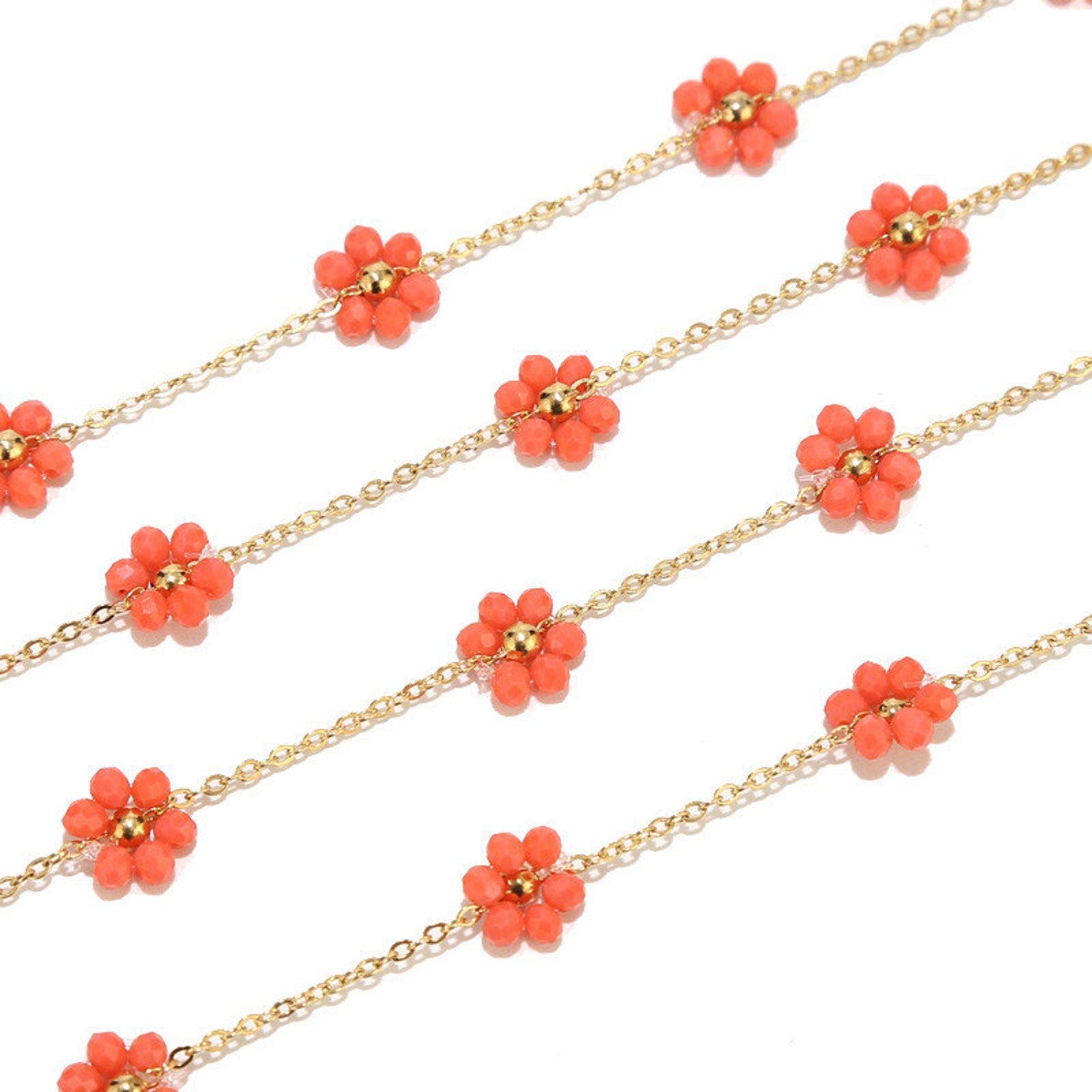 Stainless Steel Daisy Beaded Flower Chains Handmade Gold Satellite ...