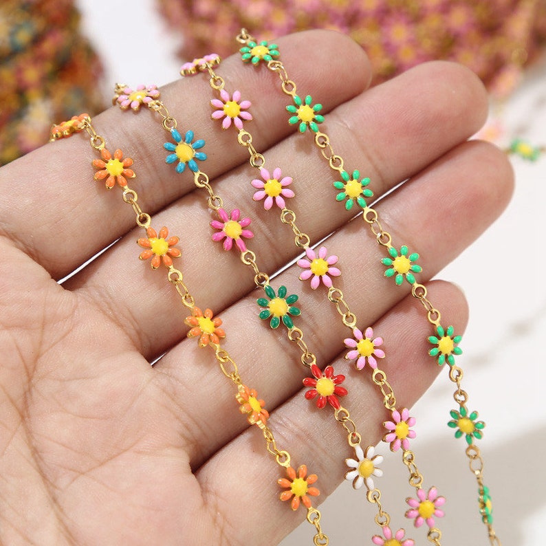 1 Meter Stainless Steel Daisy Charm Chain Gold Plated Enamel Flower ...