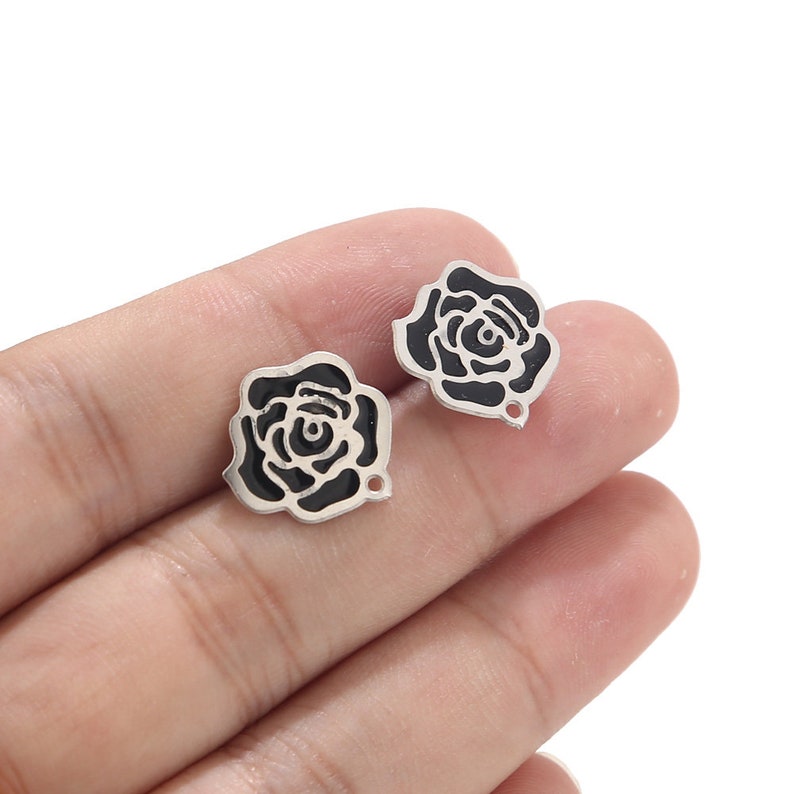 Gold Plated Stainless Steel Earring Post With Loop, Black Enamel Rose ...