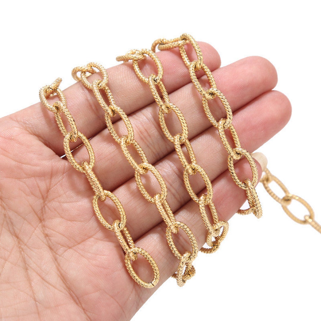 1M/5M Stainless Steel 9x15mm Textured Rolo Link Chain, 18K Gold Plated ...