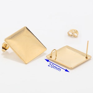 Gold Plated Square Earring Post With Loop, 15mm/20mm Geometric Square ...