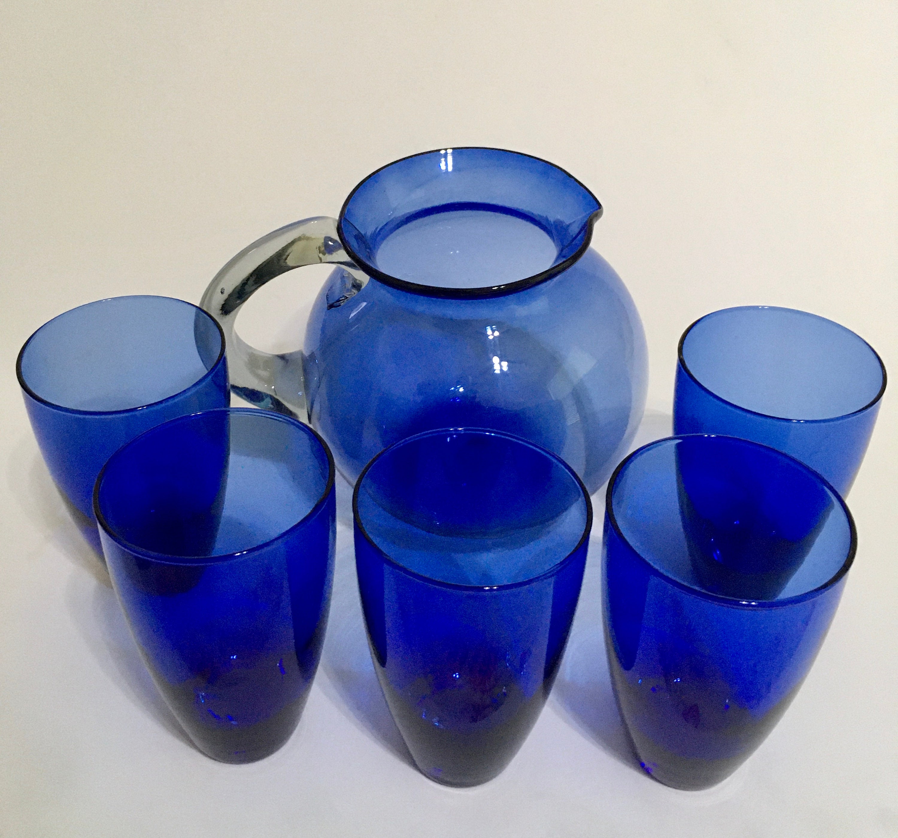 Vintage Cobalt Blue Glass Pitcher And 5 Glasses