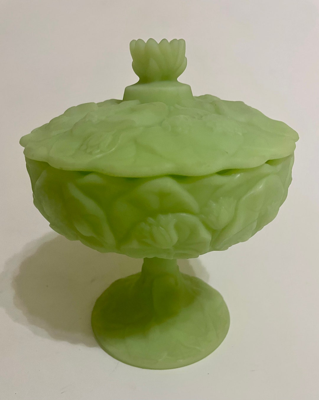 Fenton Water Lily Satin Lime Green Compote With Lid Vaseline Glass 7.25 ...