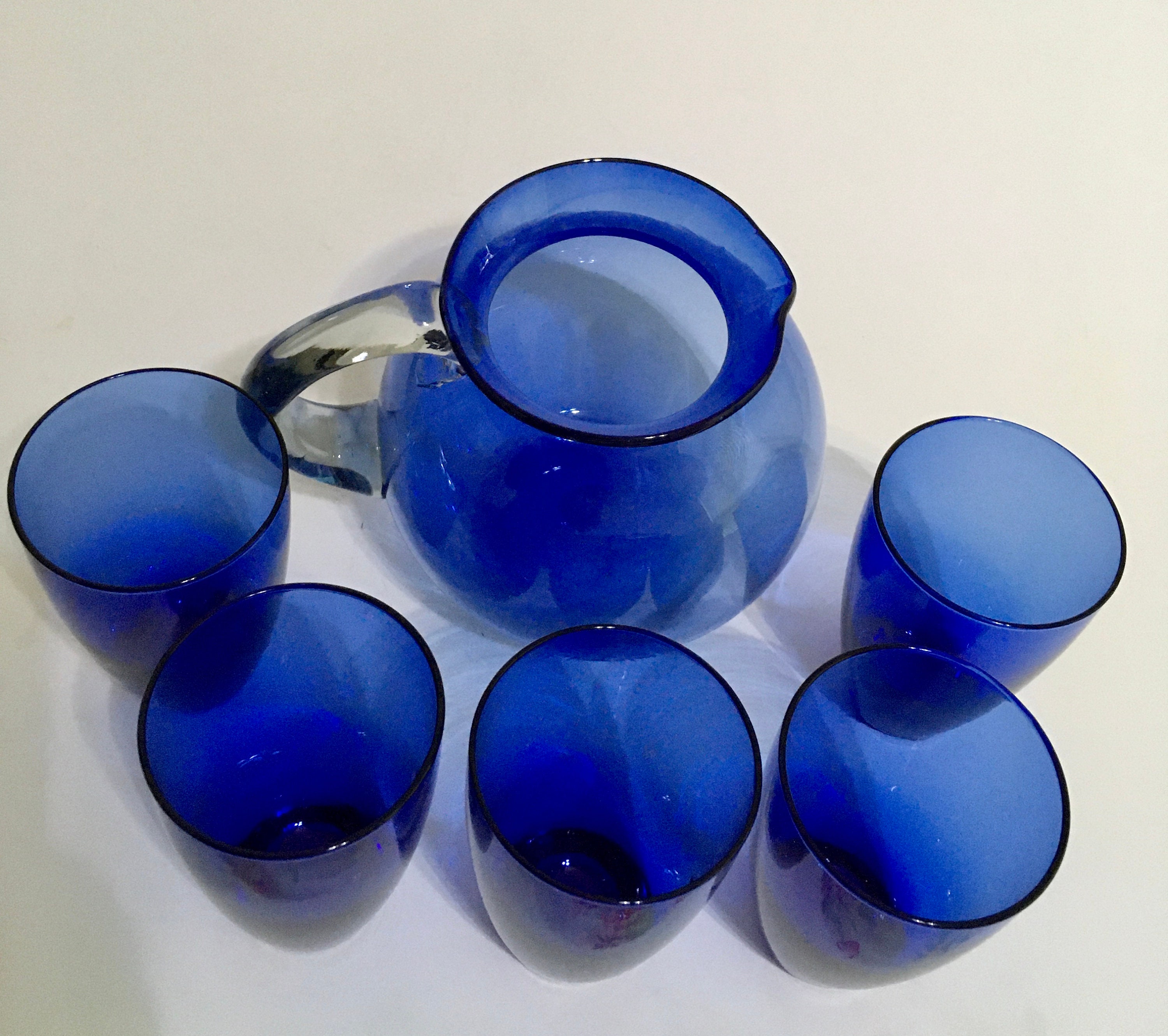Vintage Cobalt Blue Glass Pitcher and 5 Glasses Vintage Cobalt Blue Glass Pitcher and 5 Glasses