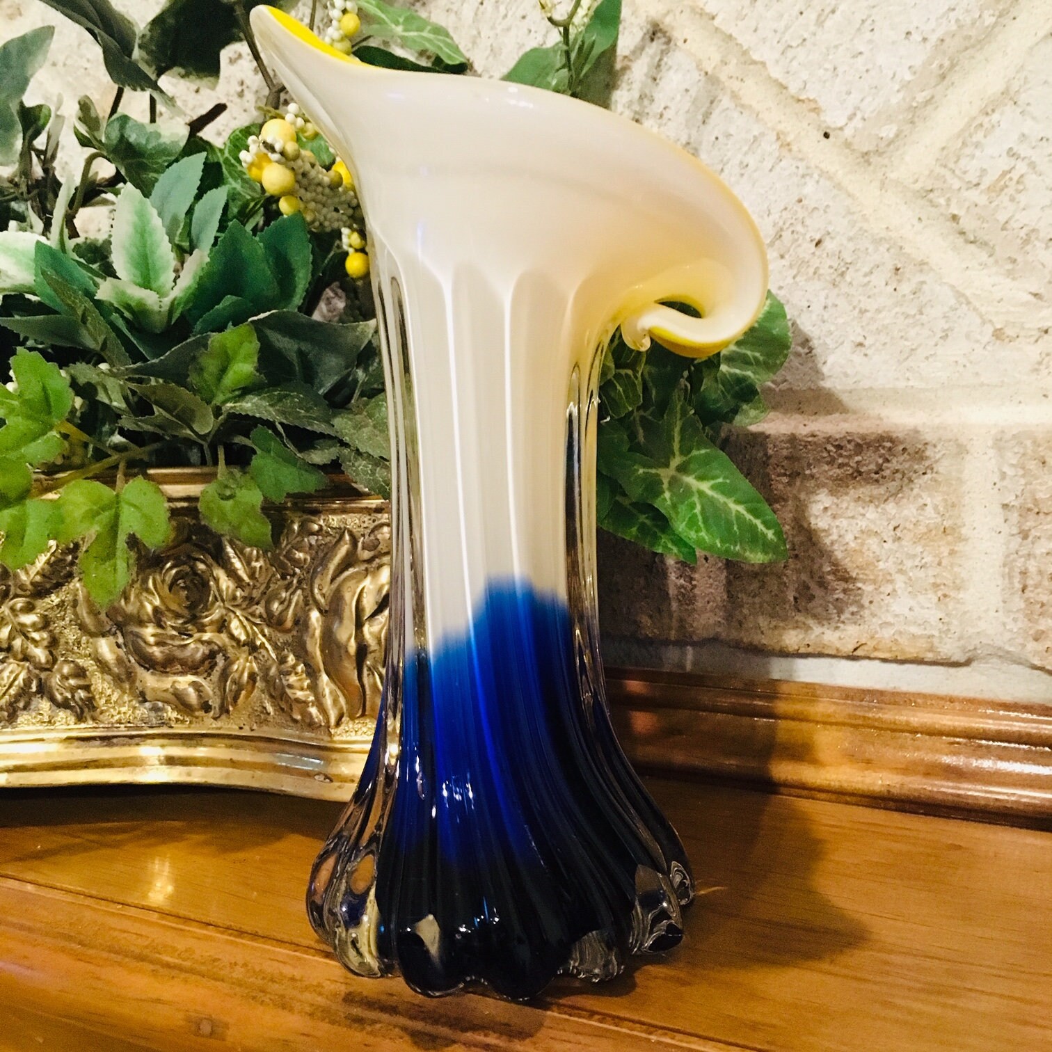 Murano Glass Jack in the Pulpit Vase in Yellow White and Cobalt Blue Murano Glass Jack in the Pulpit Vase in Yellow White and Cobalt Blue