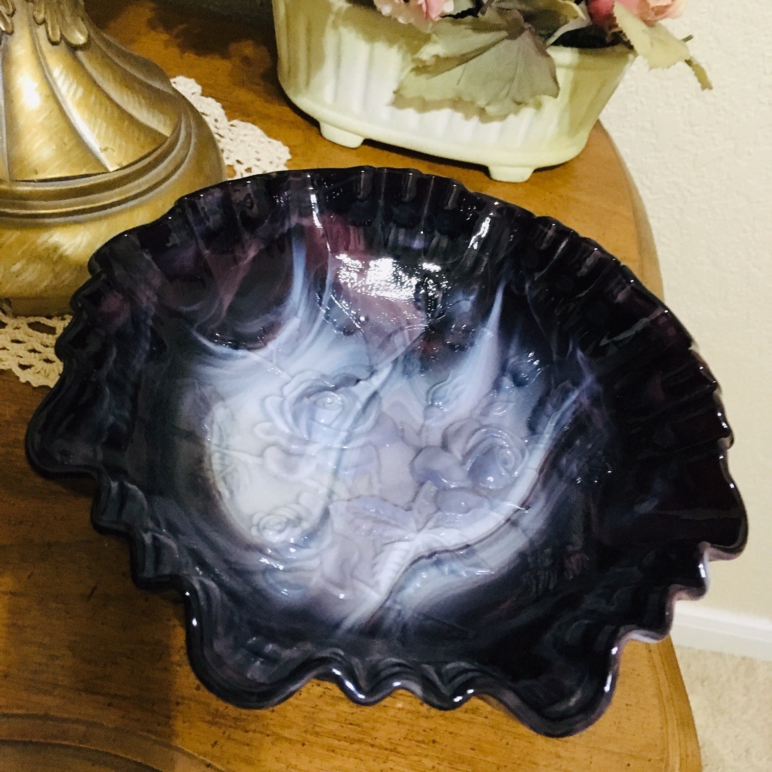 Vintage Imperial Glass Slag Purple Amethyst Footed Open Rose Pattern Bowl