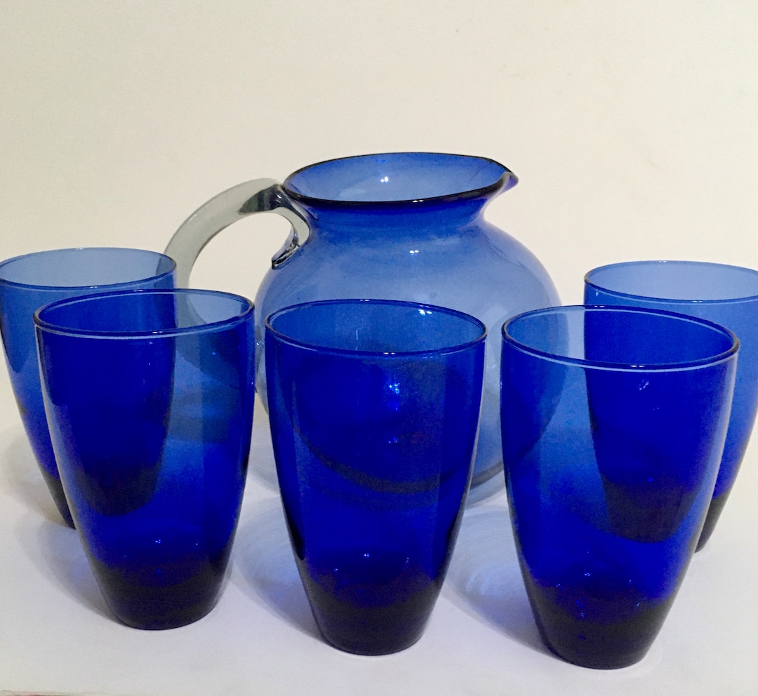 Vintage Cobalt Blue Glass Pitcher and 5 Glasses - Etsy