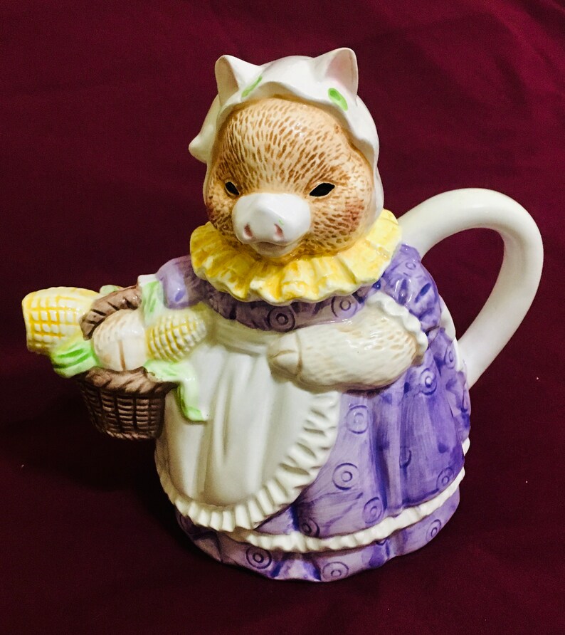 Heritage Mint Ceramic Pig Teapot Purple Dress White Apron and - Etsy
