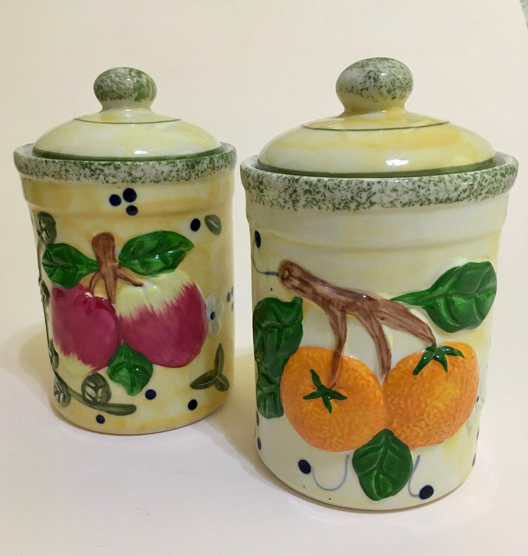 Canister Set Farmhouse Apples and Oranges Porcelain With Lids 7"t X 4 3 ...