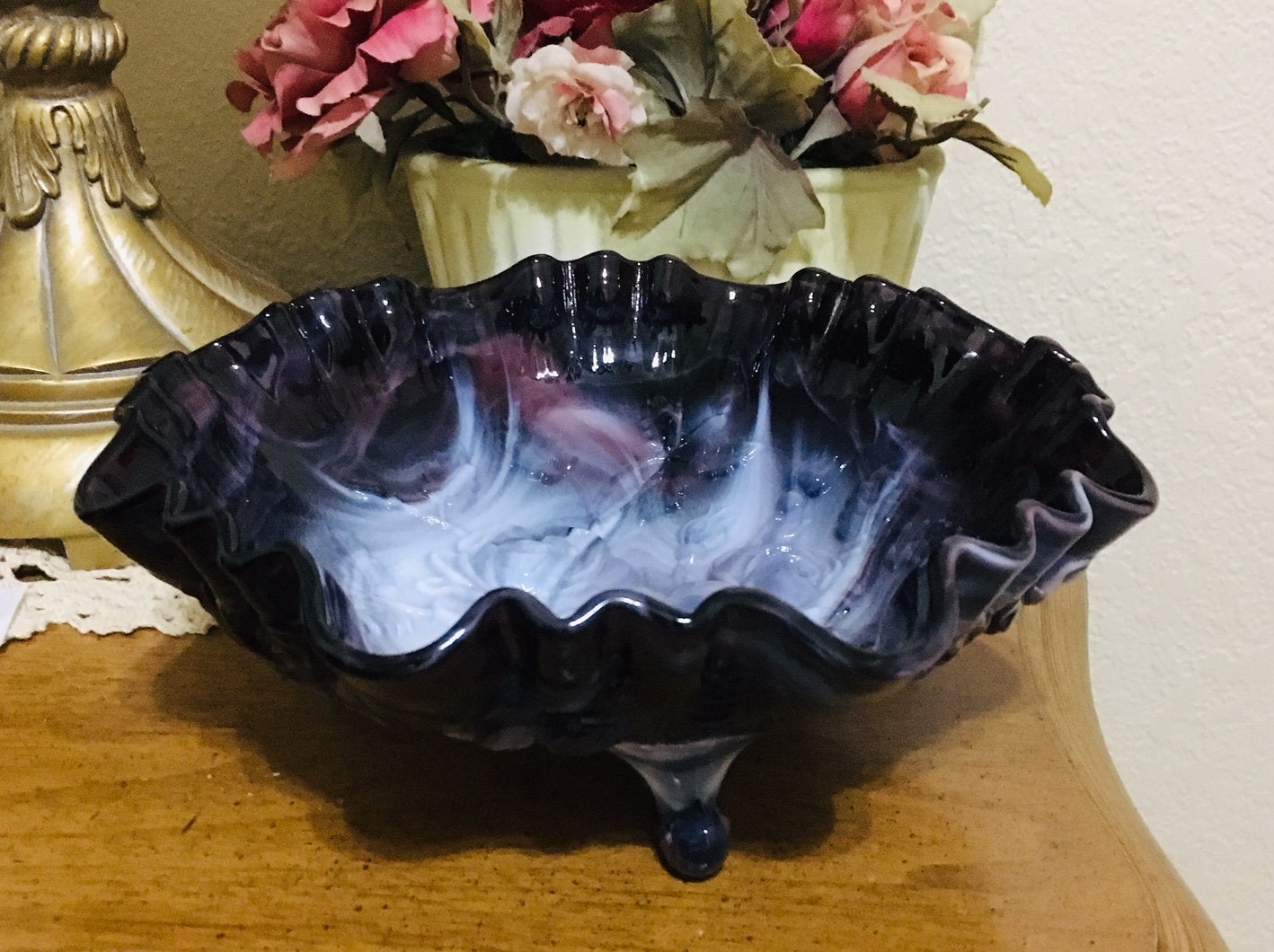 Vintage Imperial Glass Slag Purple Amethyst Footed Open Rose Pattern Bowl