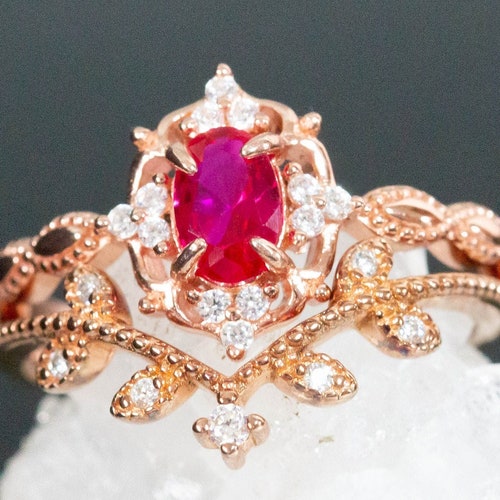 Ruby Ring Rose Gold Ruby Opal Wedding Ring Set July - Etsy