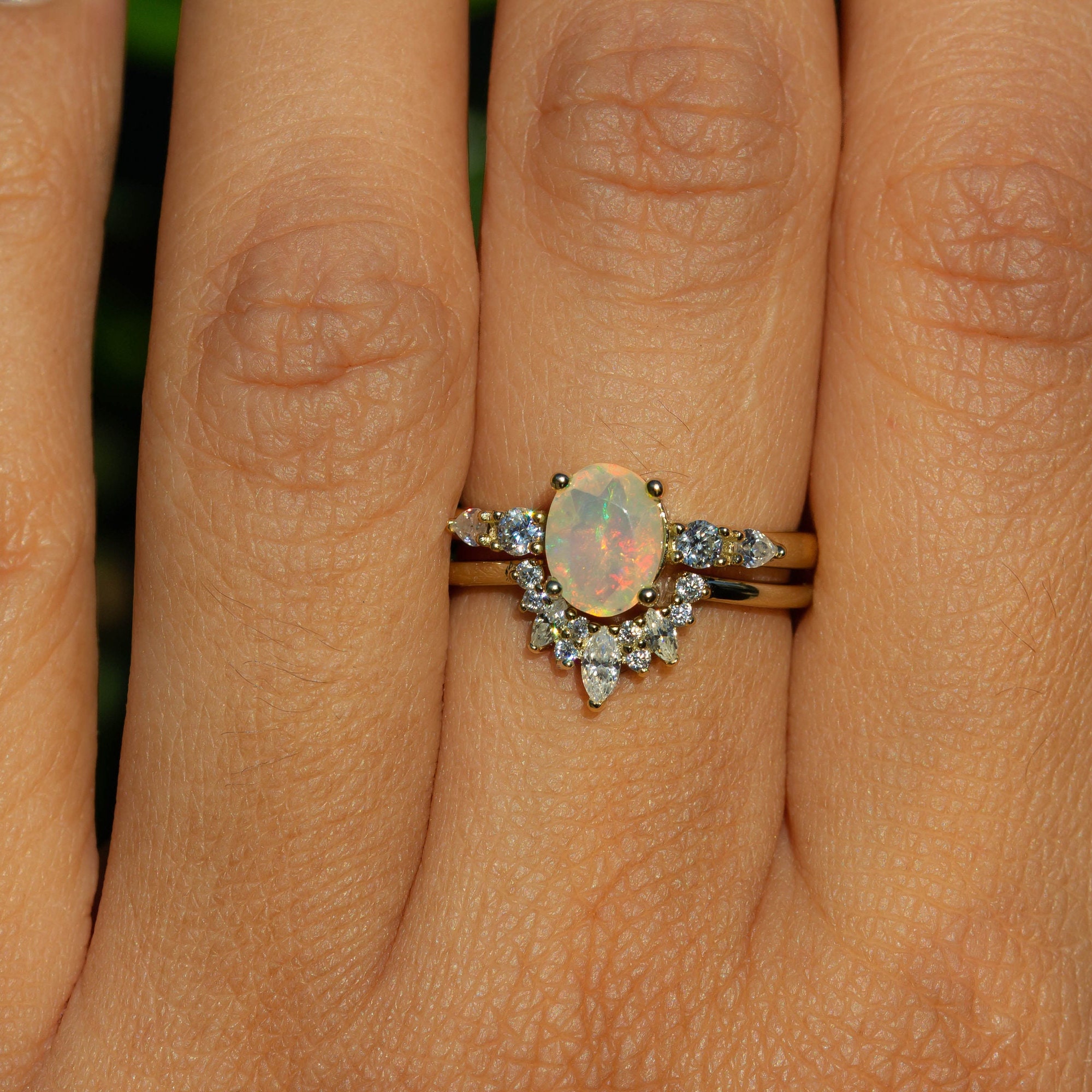 Oval Natural Opal Ring Set 18k Gold Ring Set Opal - Etsy