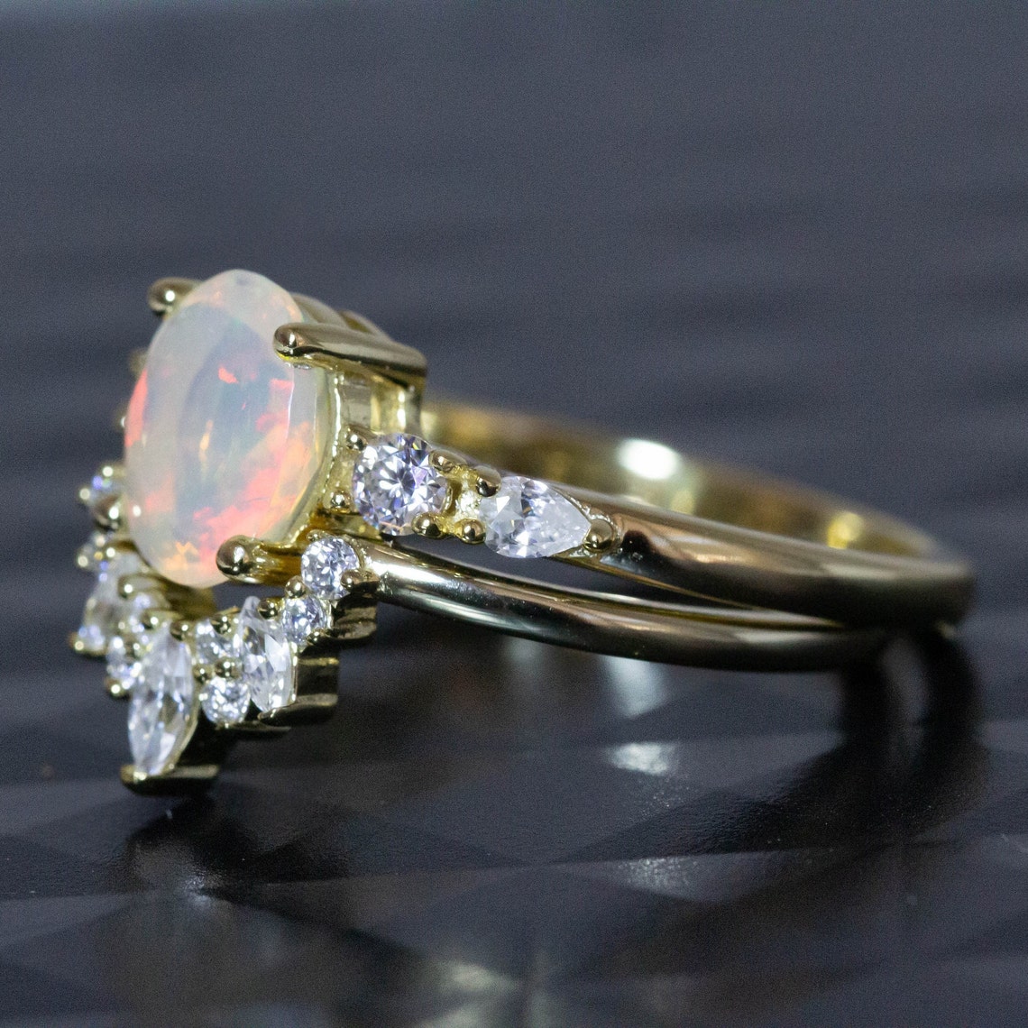 Oval Natural Opal Ring Set 18k Gold Ring Set Opal - Etsy
