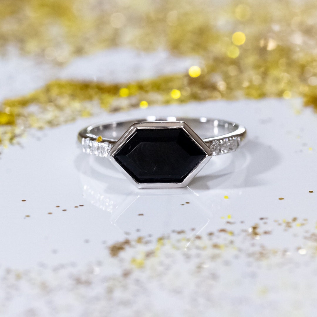 Black Stone Engagement Ring Horizontal Ring Hexagon Cut 14k White Gold ...