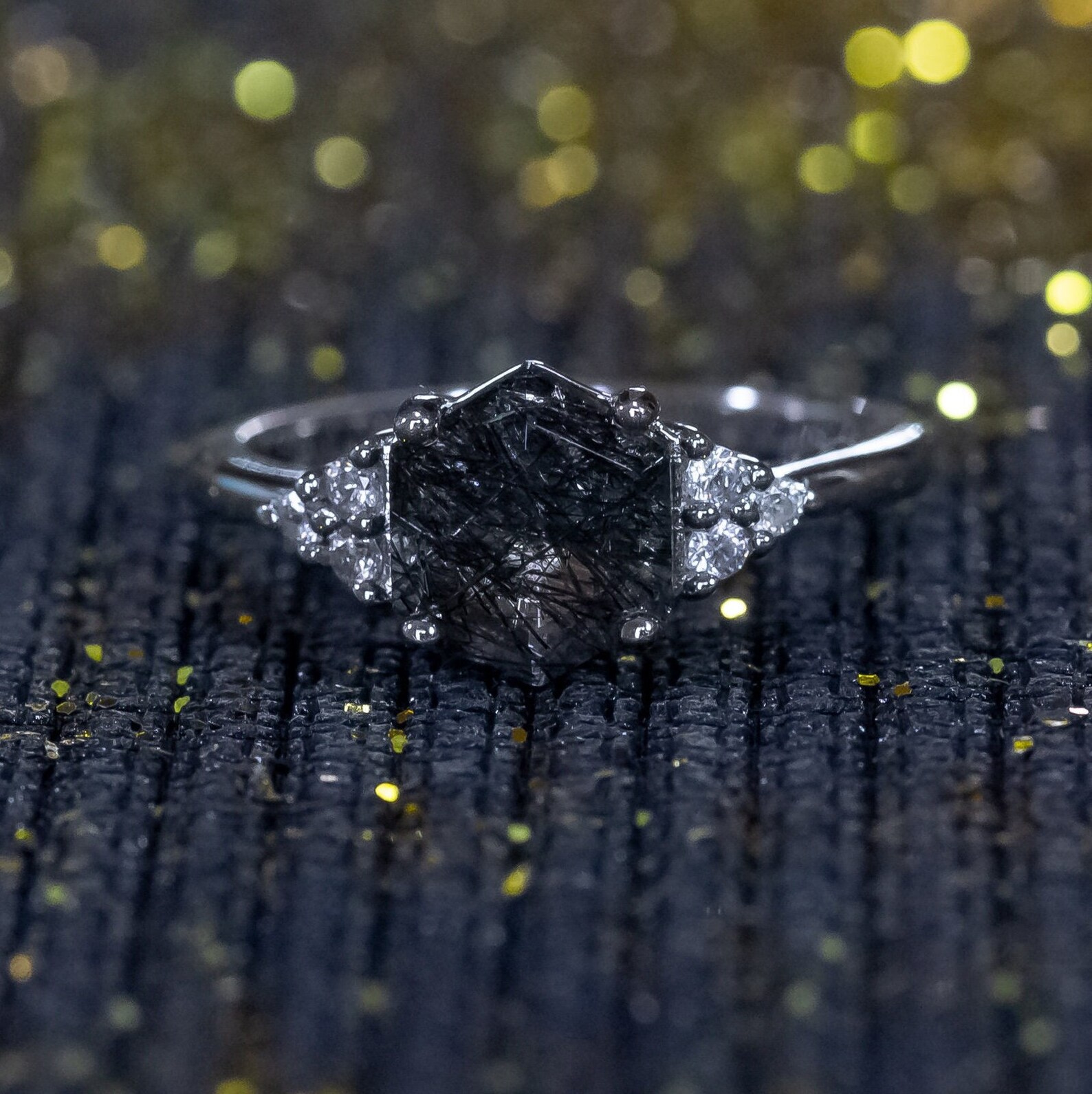 Black Rutilated Quartz Engagement Ring 14k Solid Gold - Etsy