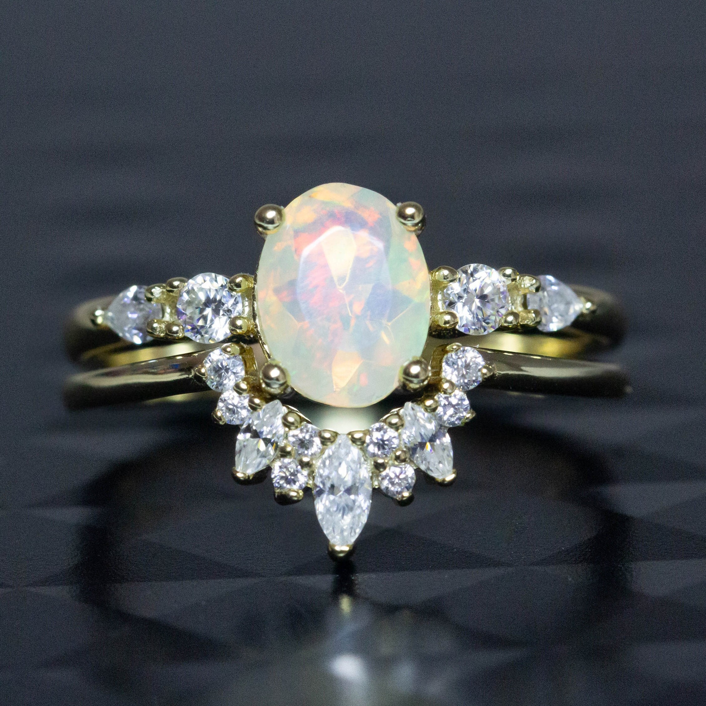 Oval Natural Opal Ring Set 18k Gold Ring Set Opal - Etsy