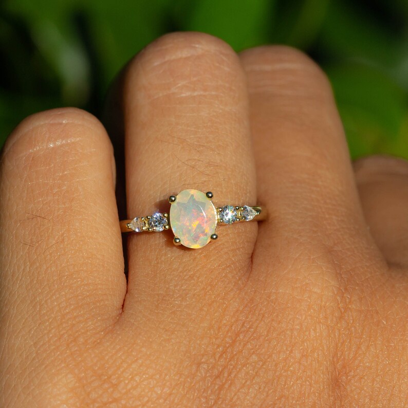 Oval Natural Opal Ring Set 18k Gold Ring Set Opal - Etsy