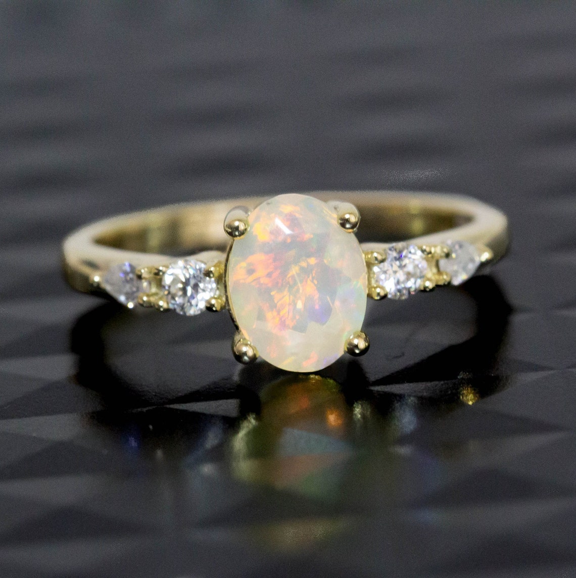 Oval Natural Opal Ring Set 18k Gold Ring Set Opal - Etsy