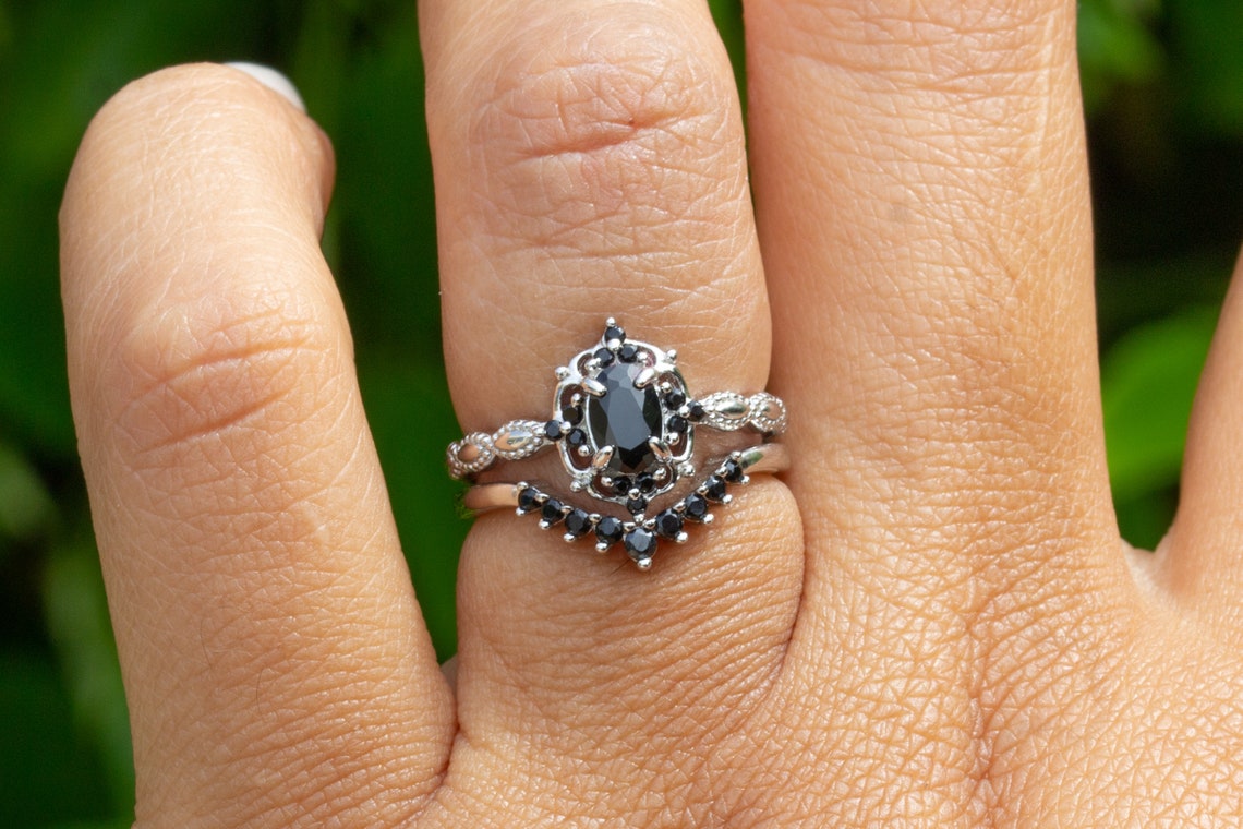 Black Stone Ring Set Black Diamond Ring Sterling Silver | Etsy
