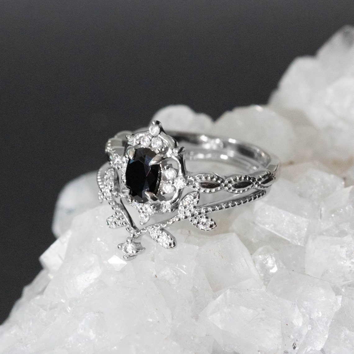 Black Engagement Ring Set Black Wedding Ring for Woman - Etsy