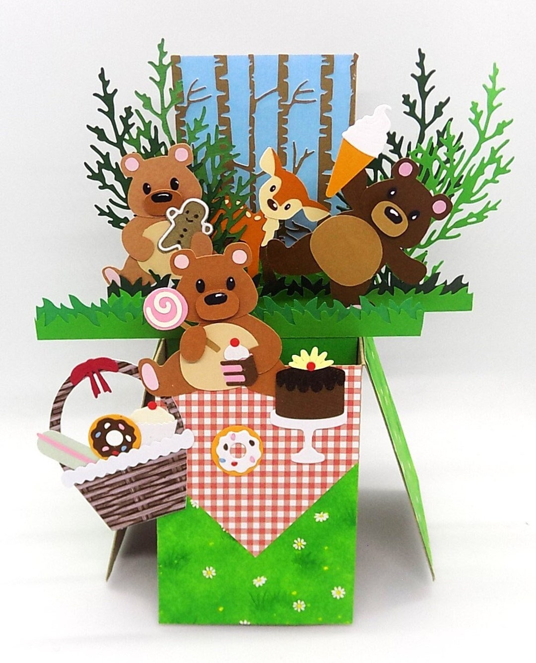 Teddy Bear Picnic Card 3D Pop Up, Birthday Congratulations Exploding ...
