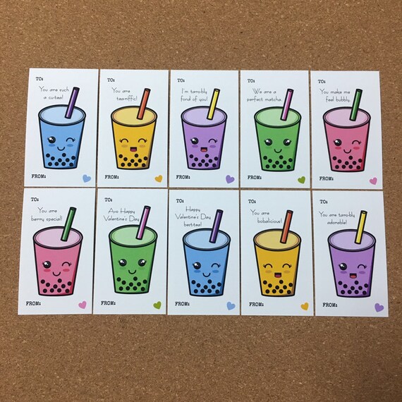 Kawaii Bubble Boba Tea Valentine's Day Card Set | Etsy