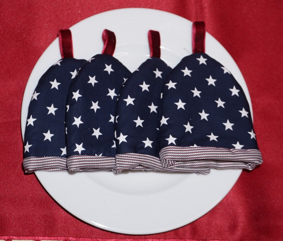 4 Egg Warmers "stars" Dark Blue White Red Velvet Handle - Etsy