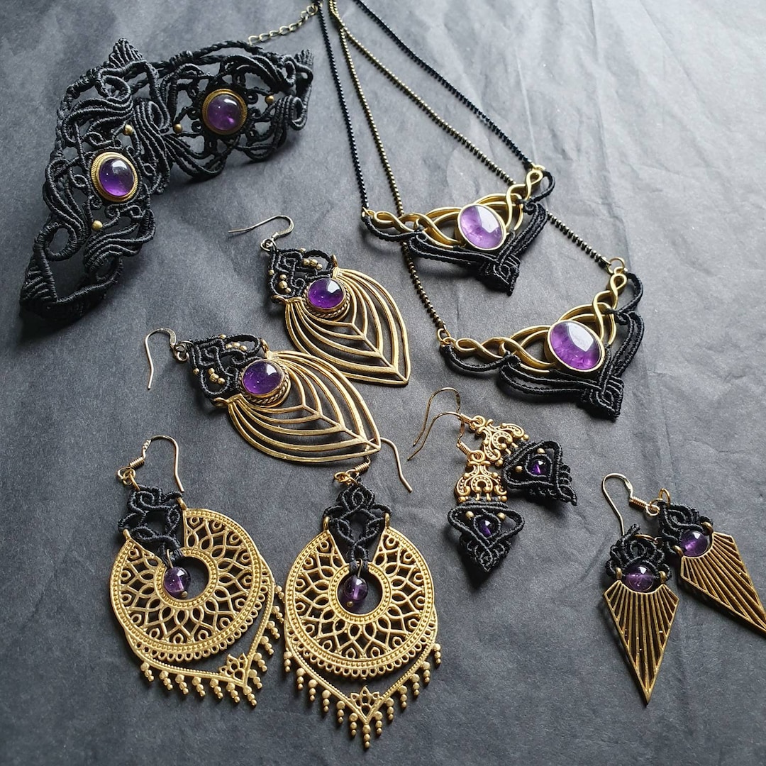 Black and Amethyst Micro-macramé Jewelry - Etsy