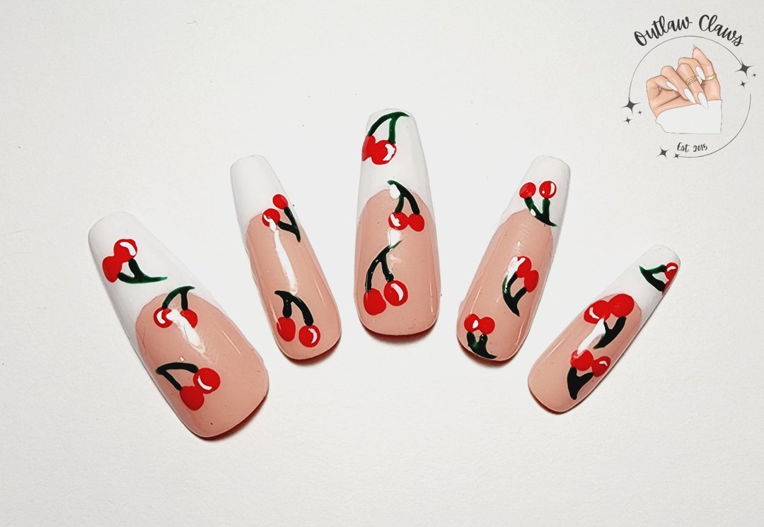 90's Cherry French Tip - Handpainted Press on Nail Kit - Etsy