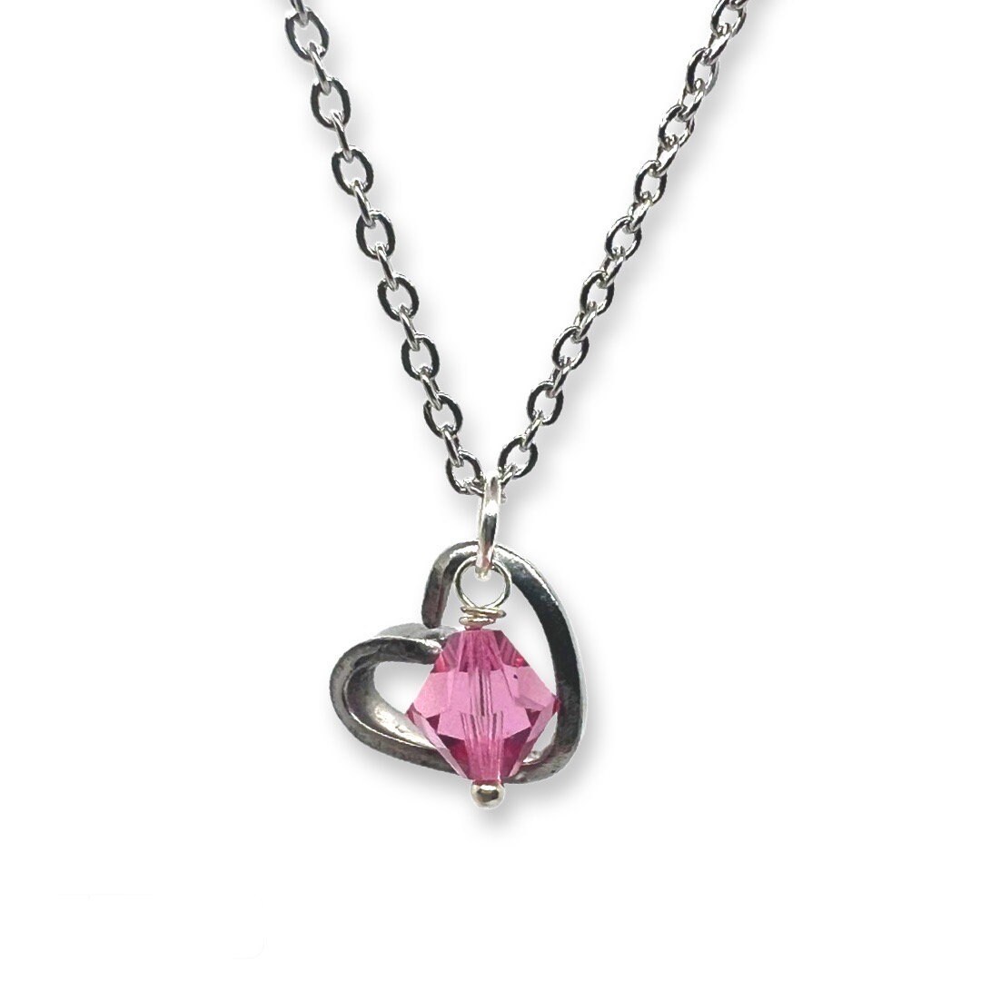 Silver Heart Fork Tine Pendant With Pink Crystal Charm on 18” Chain ...