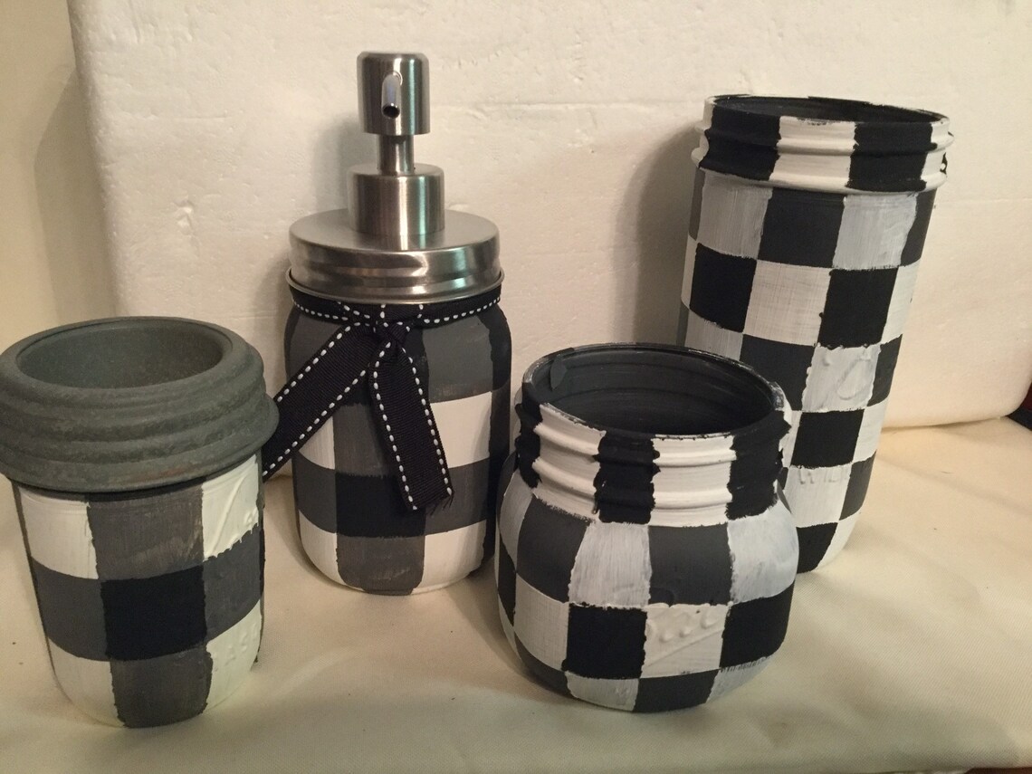 Black and White Checkered Painted Mason Jars | Etsy