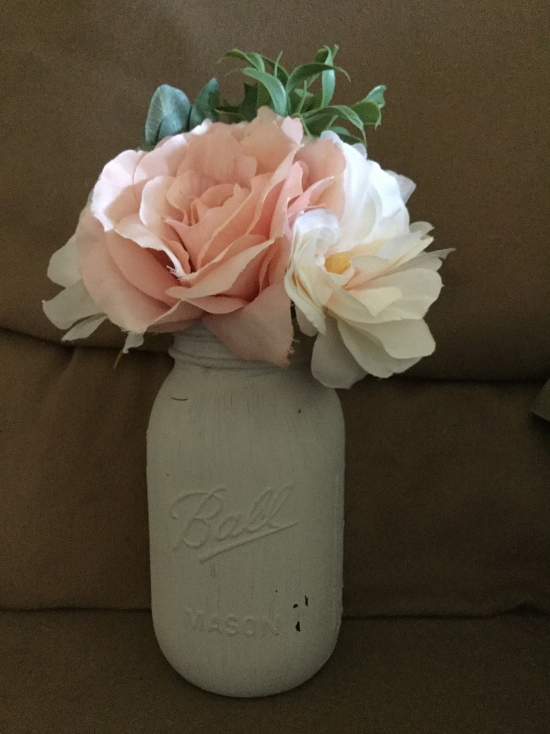 Rustic Painted Mason Jars With Flower Arrangement - Etsy