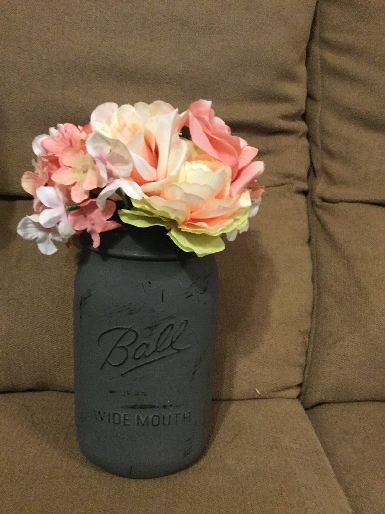 Rustic Painted Mason Jars With Flower Arrangement - Etsy