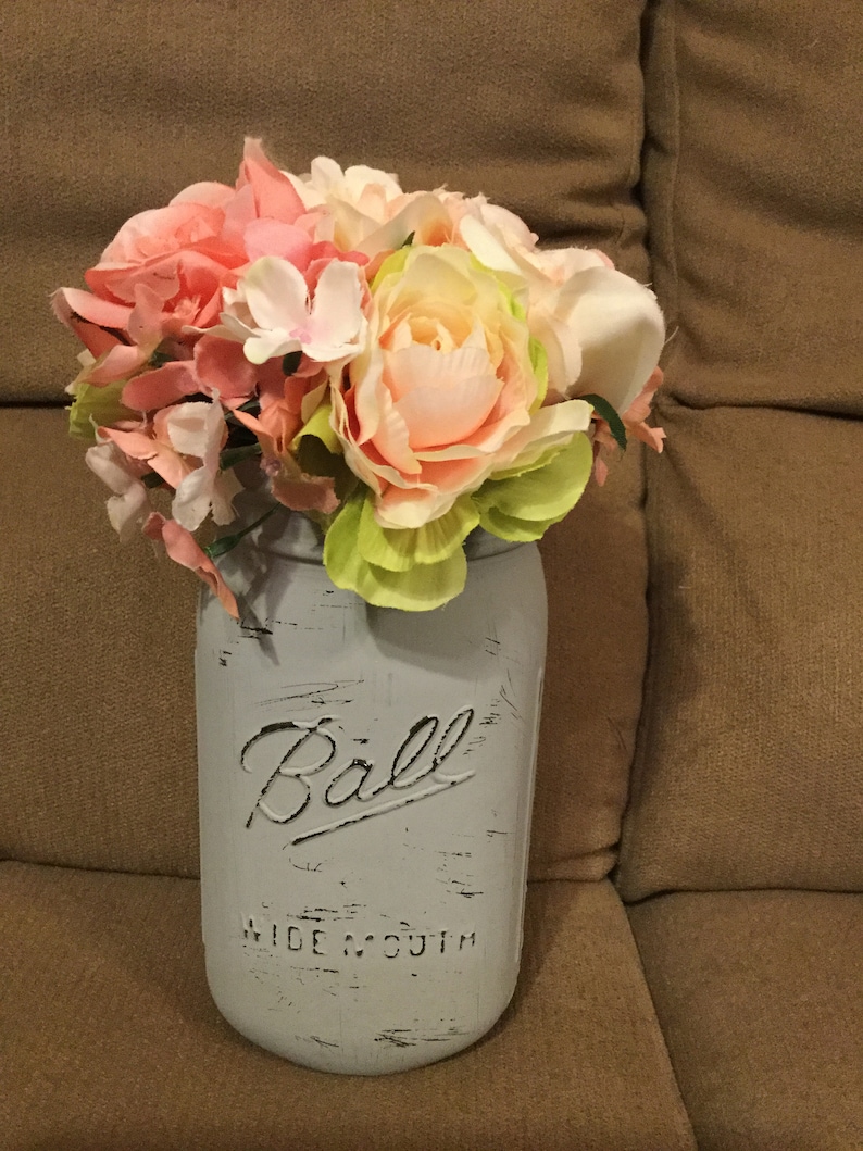 Rustic Painted Mason Jars With Flower Arrangement - Etsy