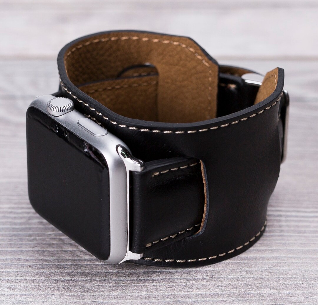 Full Grain Black Leather Apple Watch Cuff, 42mm, 38mm, 46mm, 44mm for ...